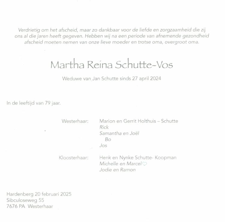 Martha Schutte – Vos – De laatste eer Westerhaar