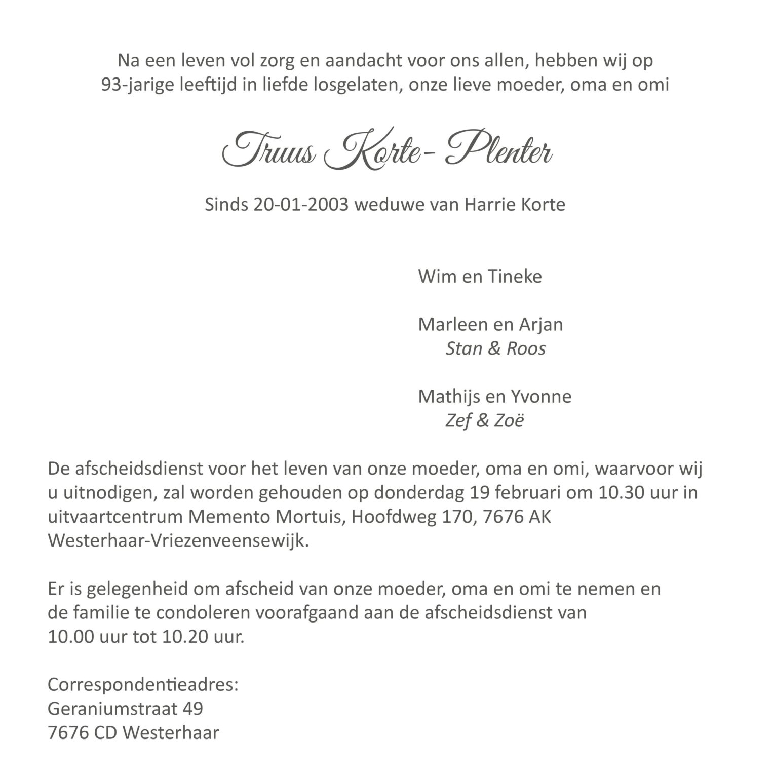 Truus Korte – Plenter – De Laatste Eer Westerhaar